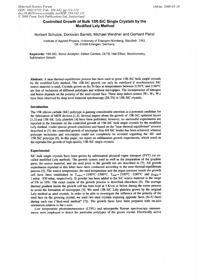 Controlled Growth of Bulk 15R-SiC Single Crystals by the Modified Lely Method | Scientific.Net
