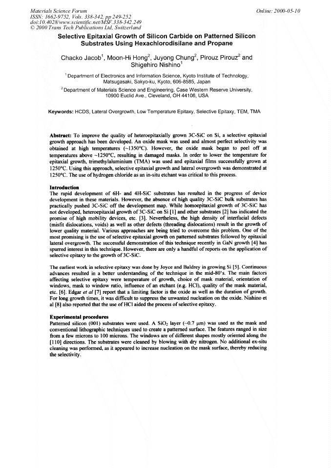 Selective Epitaxial Growth of Silicon Carbide on Patterned Silicon ...