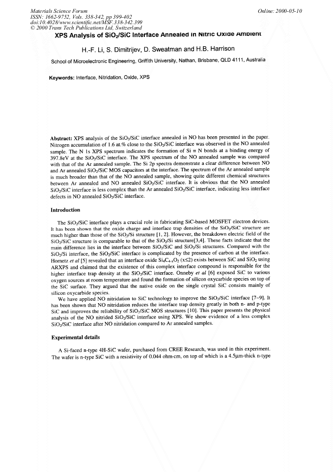 XPS Analysis of SiO2/SiC Interface Annealed in Nitric Oxide Ambient ...