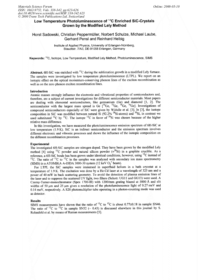 Low Temperature Photoluminescence of 13C Enriched SiC-Crystals Grown by ...