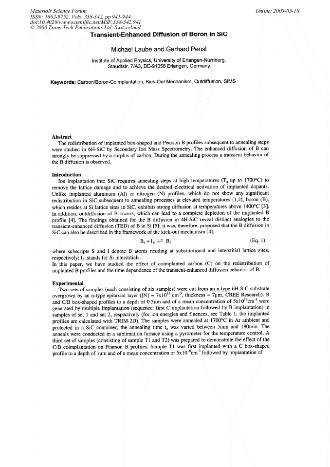 Transient-Enhanced Diffusion of Boron in SiC | Scientific.Net