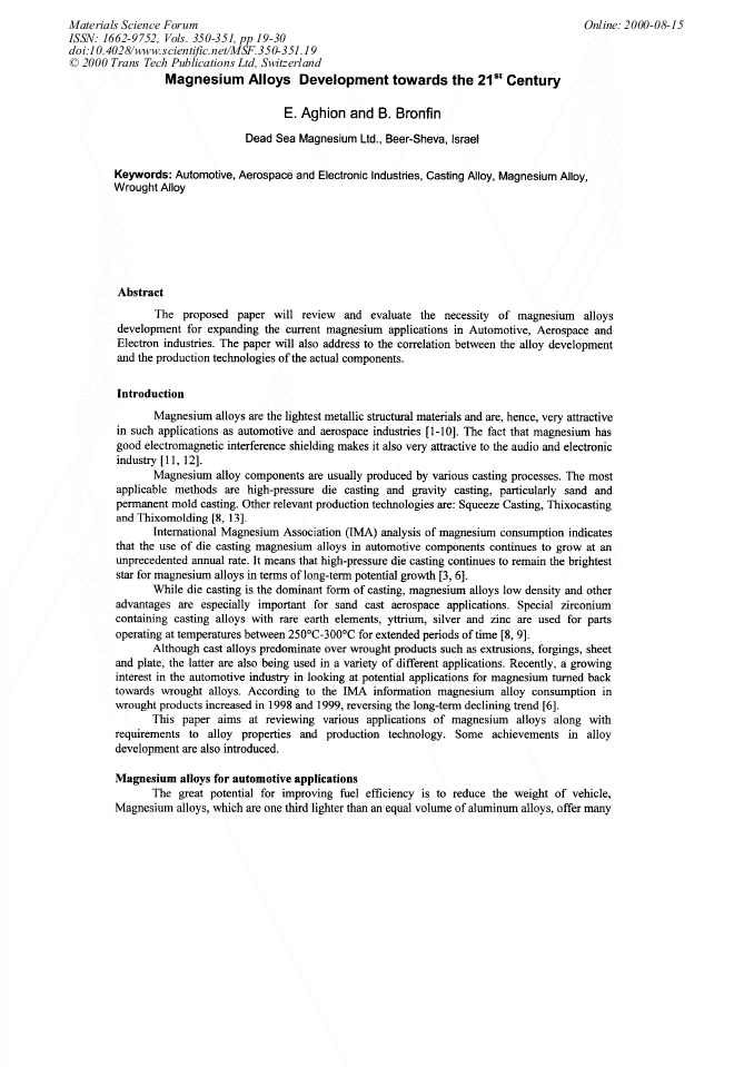 Magnesium Alloys Development towards the 21st Century | Scientific.Net
