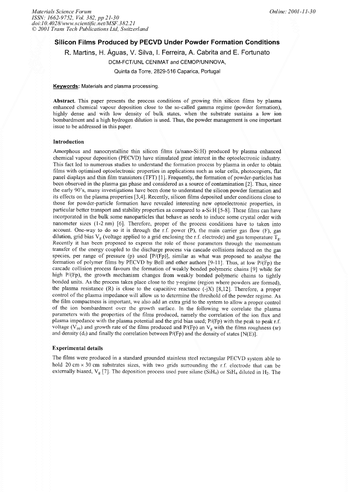 Silicon Films Produced by PECVD under Powder Formation Conditions ...