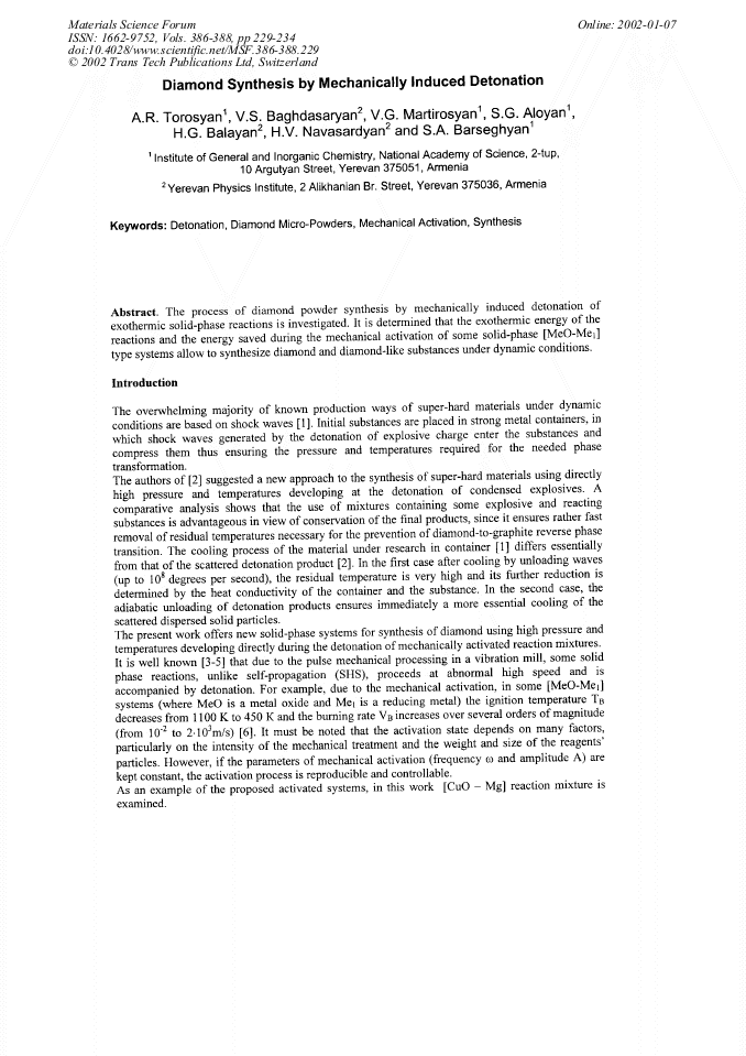 Diamond Synthesis by Mechanically Induced Detonation | Scientific.Net