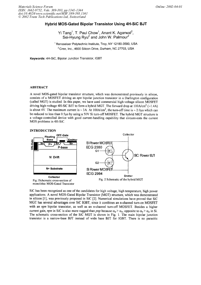 Hybrid MOS-Gated Bipolar Transistor Using 4H-SiC BJT | Scientific.Net