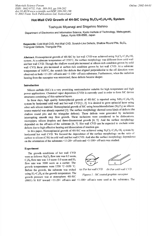 Hot-Wall CVD Growth of 4H-SiC Using Si2Cl6+C3H8+H2 System | Scientific.Net