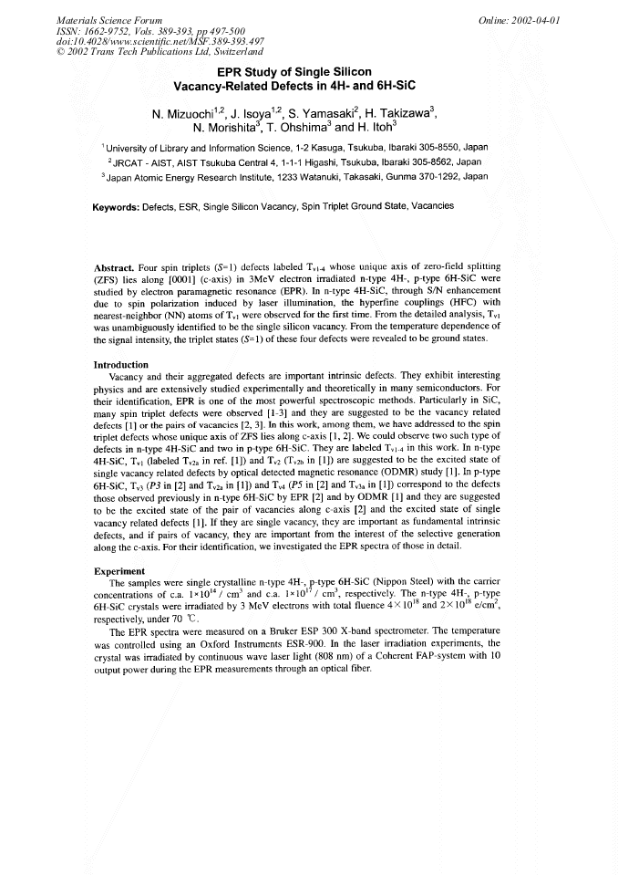 EPR Study of Single Silicon Vacancy-Related Defects in 4H- and 6H-SiC ...