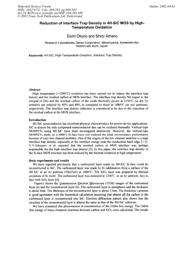 Reduction of Interface Trap Density in 4H-SiC MOS by High-Temperature ...
