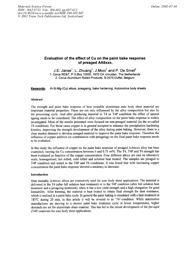 Evaluation of the Effect of Cu on the Paint Bake Response of Preaged ...