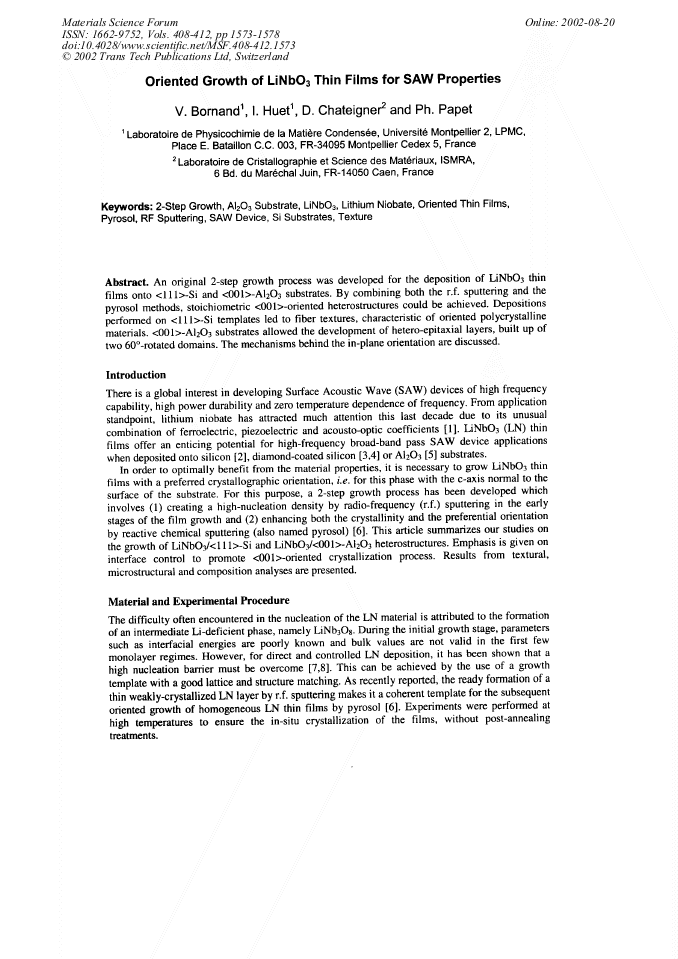 Oriented Growth of LiNbO3 Thin Films for SAW Properties | Scientific.Net