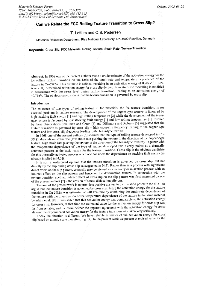 Can we Relate the FCC Rolling Texture Transition to Cross Slip ...