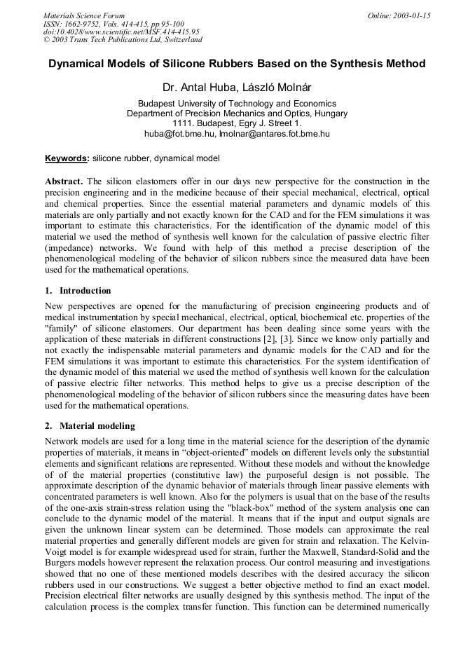 Dynamic Models of Silicone Rubbers Based on the Synthesis Method ...