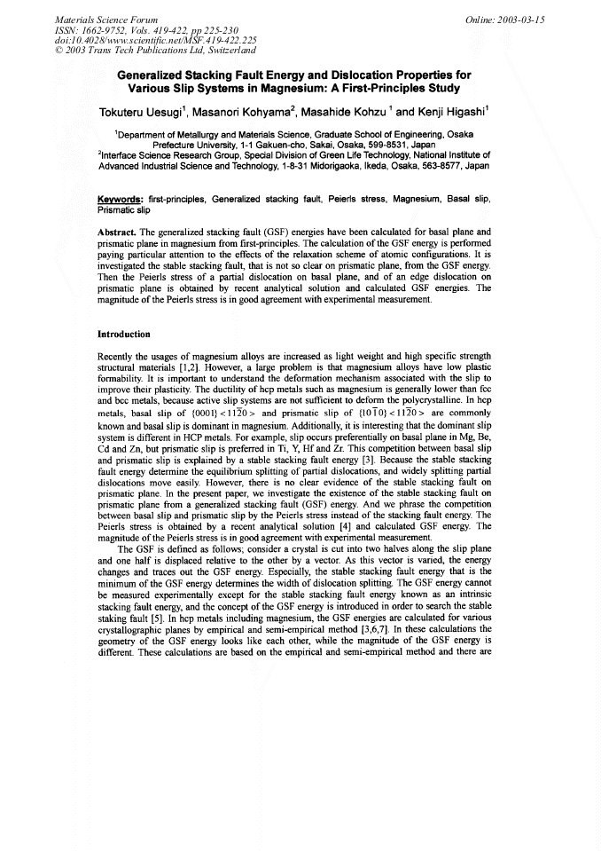 Generalized Stacking Fault Energy and Dislocation Properties for ...