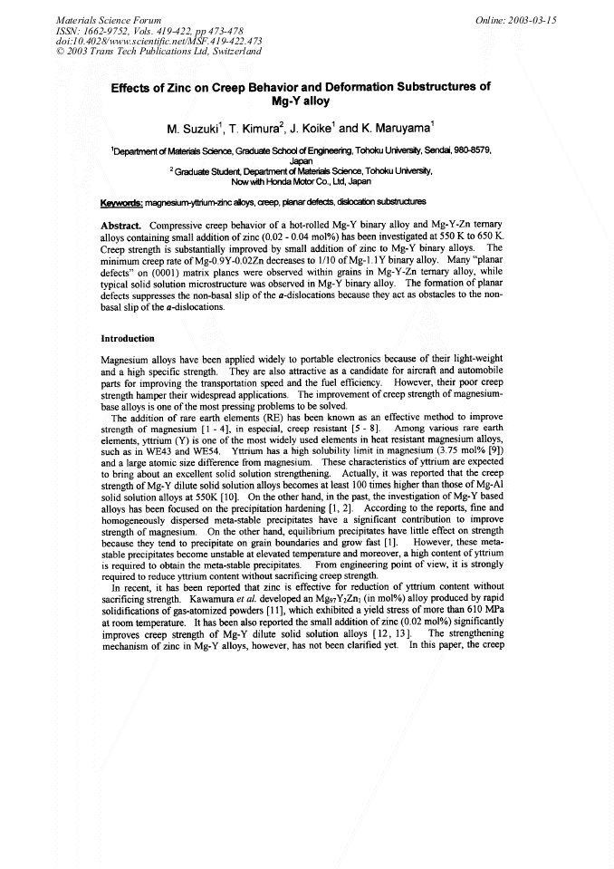 Effects of Zinc on Creep Behavior and Deformation Substructures of Mg-Y ...