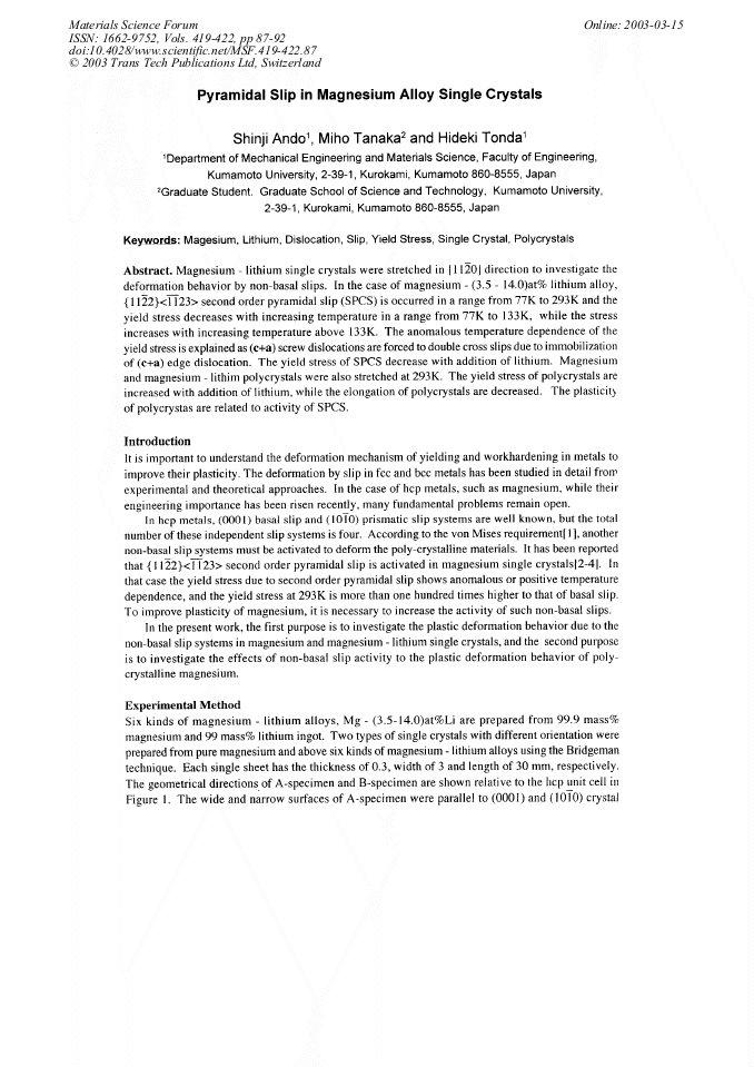 Pyramidal Slip in Magnesium Alloy Single Crystals | Scientific.Net
