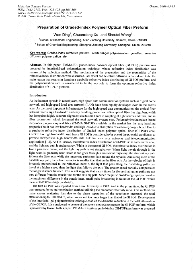 Preparation of Graded-Index Polymer Optical Fiber Preform | Scientific.Net