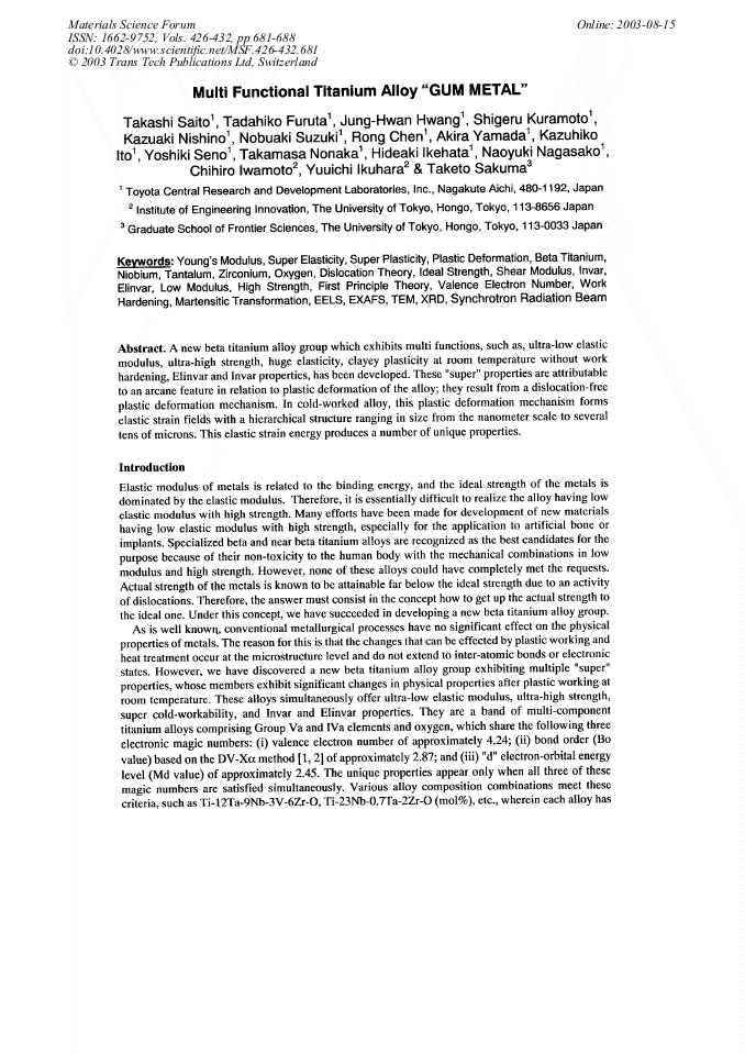 Multi Functional Titanium Alloy ''GUM METAL'' | Scientific.Net