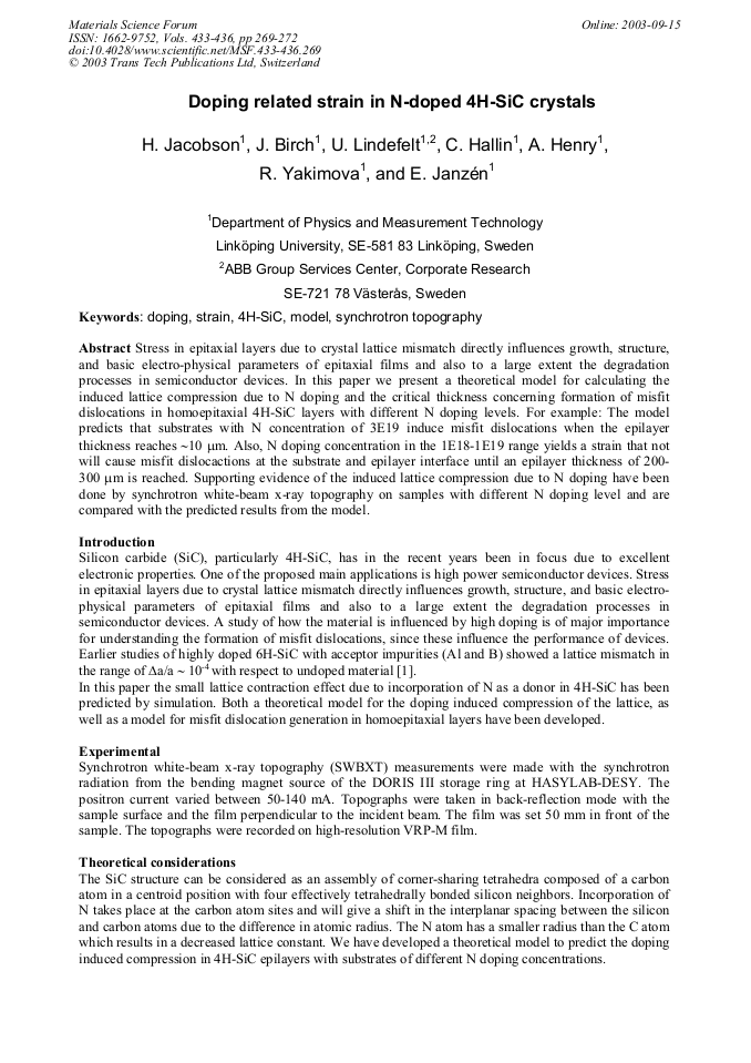 Doping-Related Strain in n-Doped 4H-SiC Crystals | Scientific.Net
