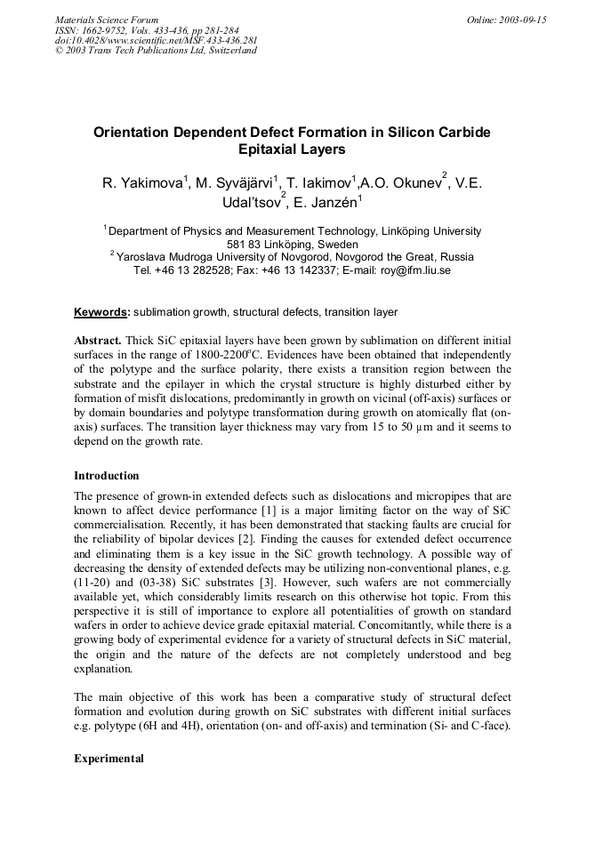 Orientation-Dependent Defect Formation in Silicon Carbide Epitaxial Layers | Scientific.Net