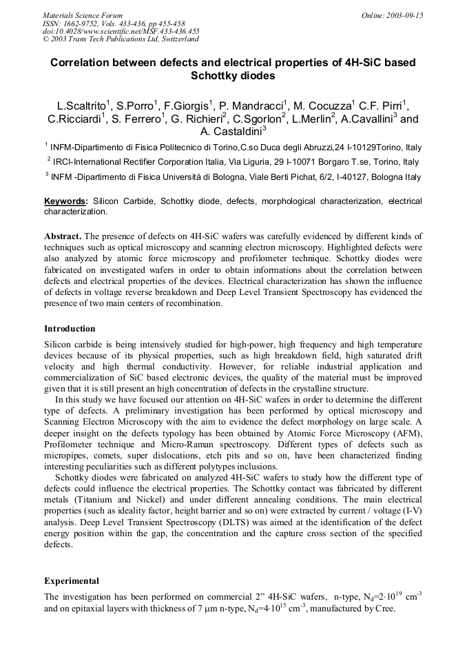 Correlation between Defects and Electrical Properties of 4H-SiC Based Schottky Diodes ...