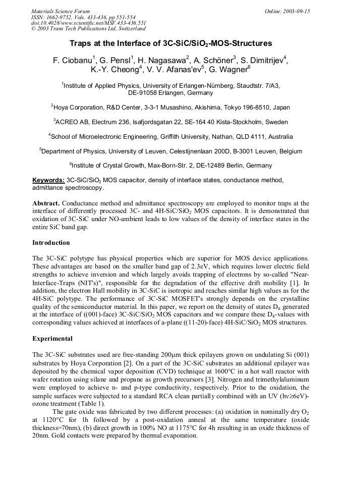 Traps at the Interface of 3C-SiC/SiO2-MOS-Structures | Scientific.Net