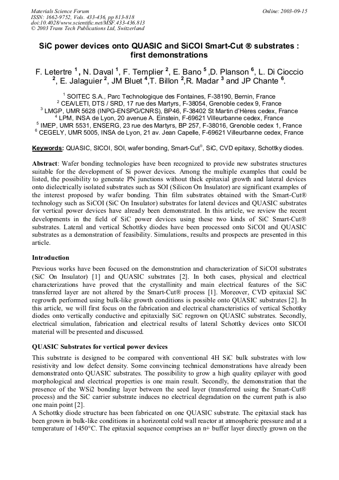 SiC Power Devices on QUASIC and SiCOI Smart-Cut® Substrates: First ...