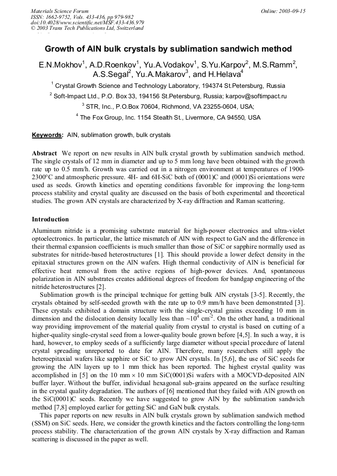 Growth of AlN Bulk Crystals by Sublimation Sandwich Method | Scientific.Net
