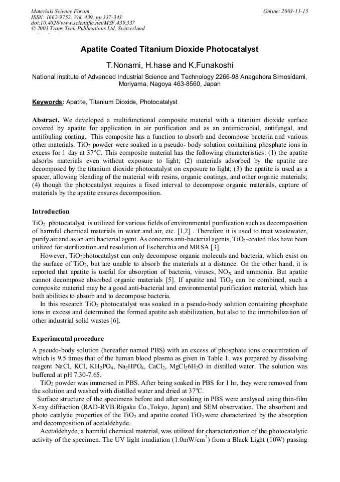 Apatite-Coated Titanium Dioxide Photocatalyst | Scientific.Net