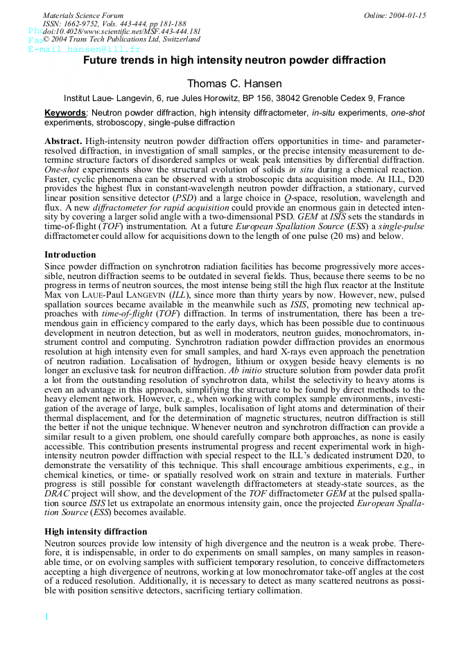 Future Trends in High Intensity Neutron Powder Diffraction | Scientific.Net