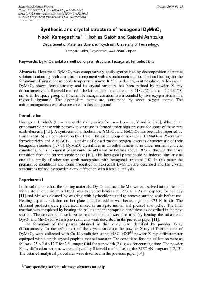 Synthesis and Crystal Structure of Hexagonal DyMnO3 | Scientific.Net