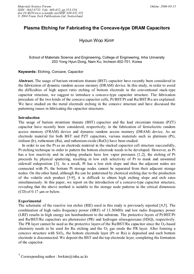 Plasma Etching for Fabricating the Concave-Type DRAM Capacitors ...