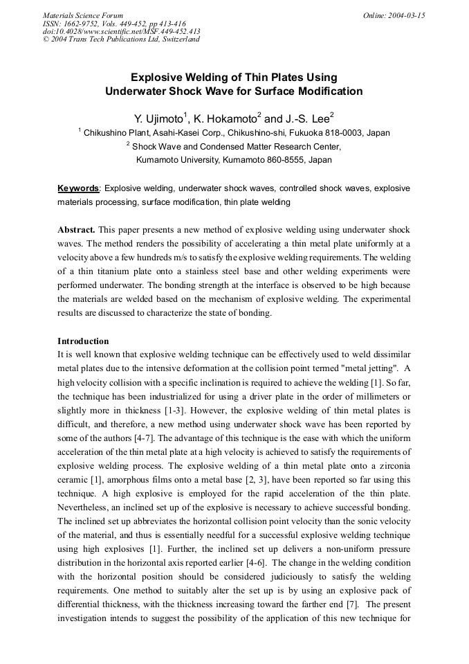 Explosive Welding of Thin Plates Using Underwater Shock Wave for ...
