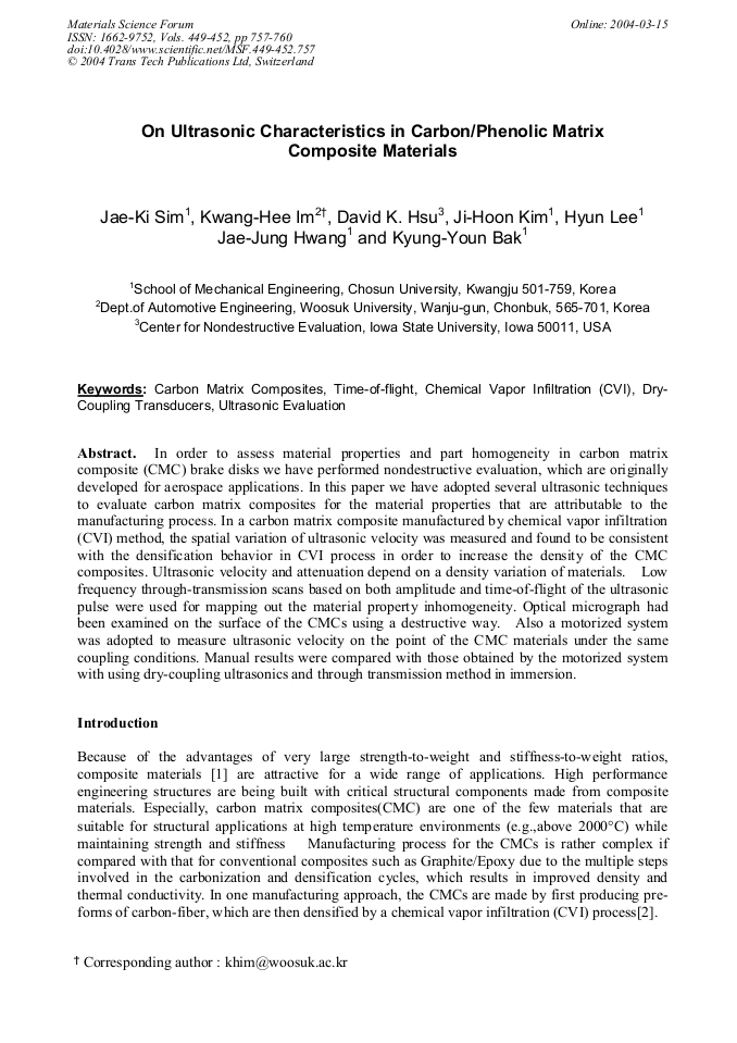 On Ultrasonic Characteristics in Carbon/Phenolic Matrix Composite ...