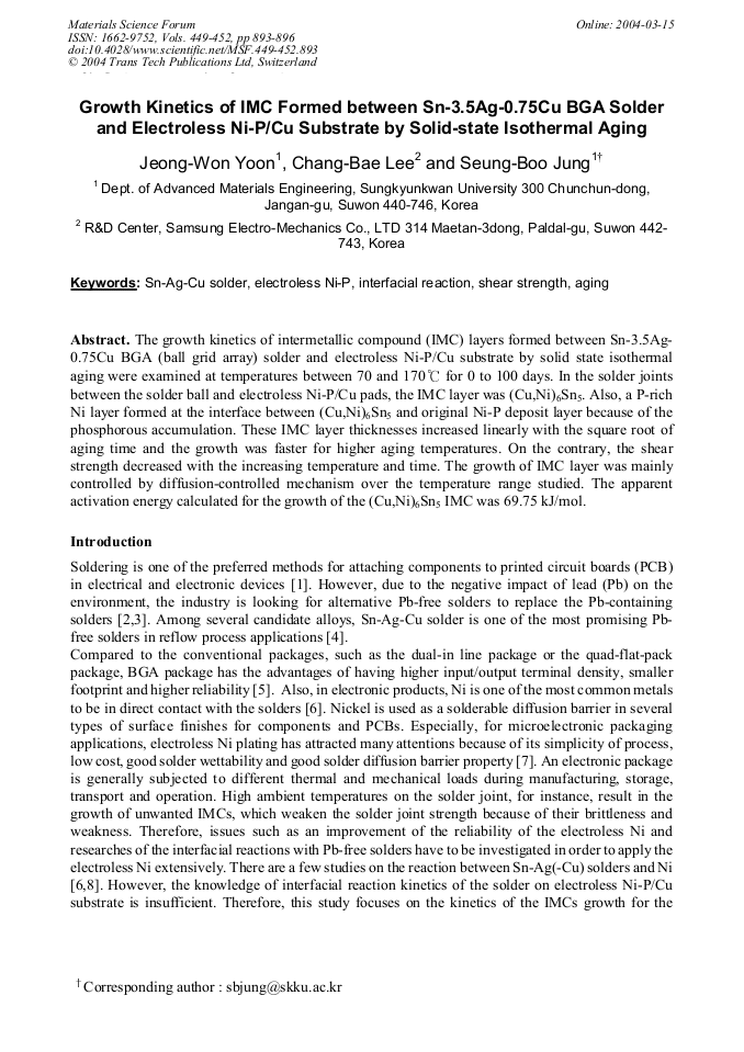 Growth Kinetics of IMC Formed between Sn-3.5Ag-0.75Cu BGA Solder and ...