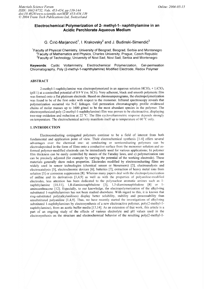 Electrochemical Polymerization of 2- Methyl-1- Naphthylamine in an Acidic Perchlorate Aqueous ...