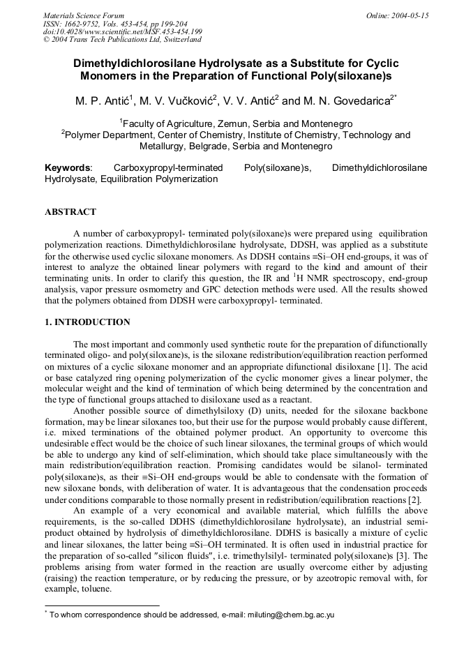 Dimethyldichlorosilane Hydrolysate as a Substitute for Cyclic Monomers ...