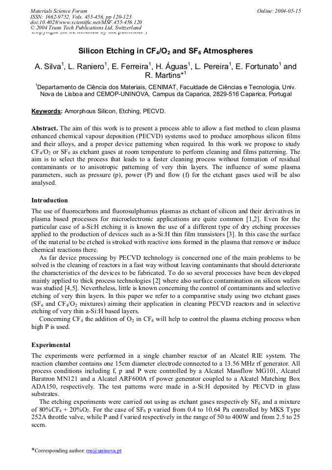 Silicon Etching in CF4/O2 and SF6 Atmospheres | Scientific.Net