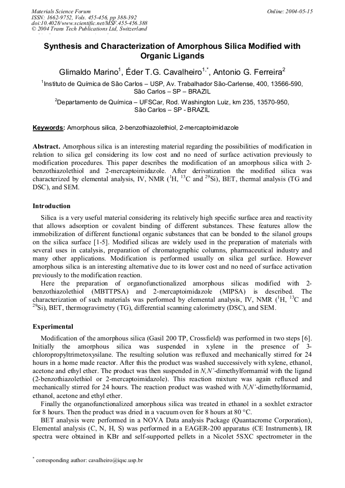 Synthesis and Characterization of Amorphous Silica Modified with ...