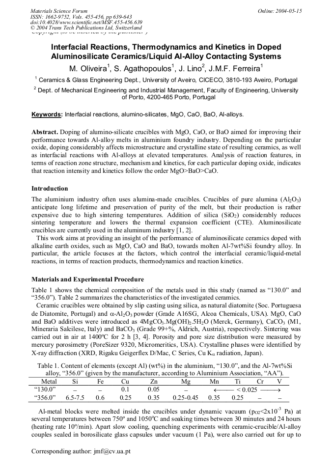 Interfacial Reactions, Thermodynamics and Kinetics in Doped ...