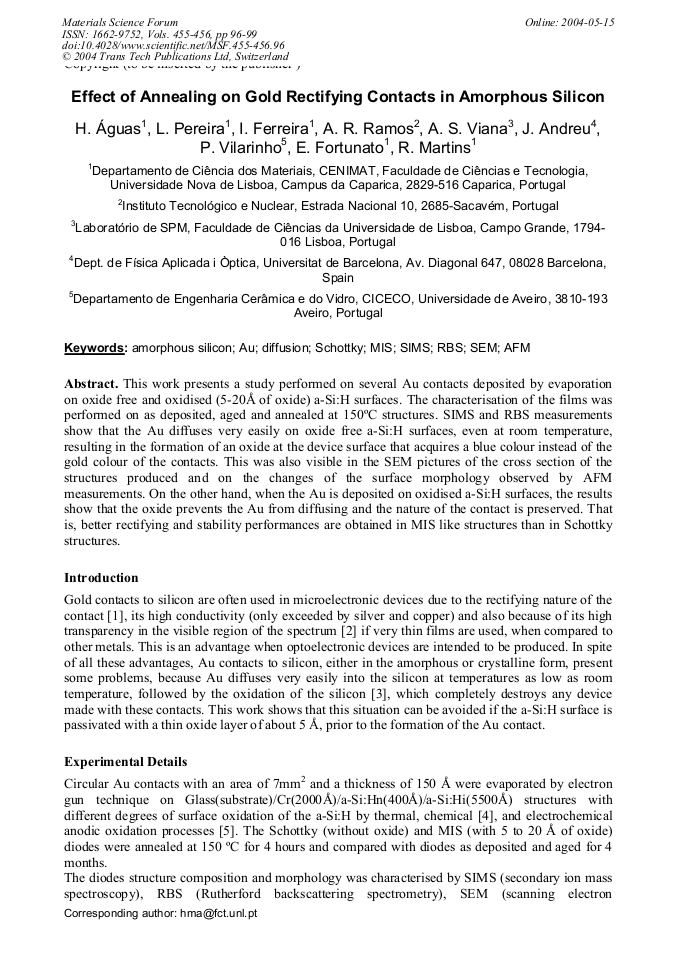 Effect of Annealing on Gold Rectifying Contacts in Amorphous Silicon ...