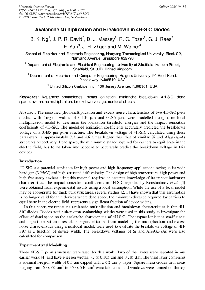 Avalanche Multiplication and Breakdown in 4H-SiC Diodes | Scientific.Net