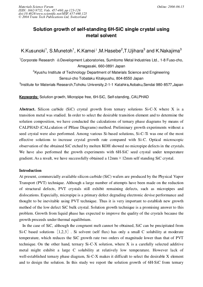 Solution Growth of Self-Standing 6H-SiC Single Crystal Using Metal ...