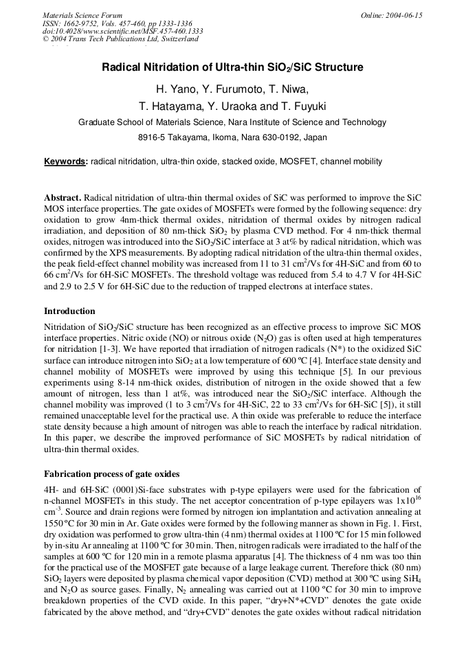 Radical Nitridation of Ultra-Thin SiO2/SiC Structure | Scientific.Net