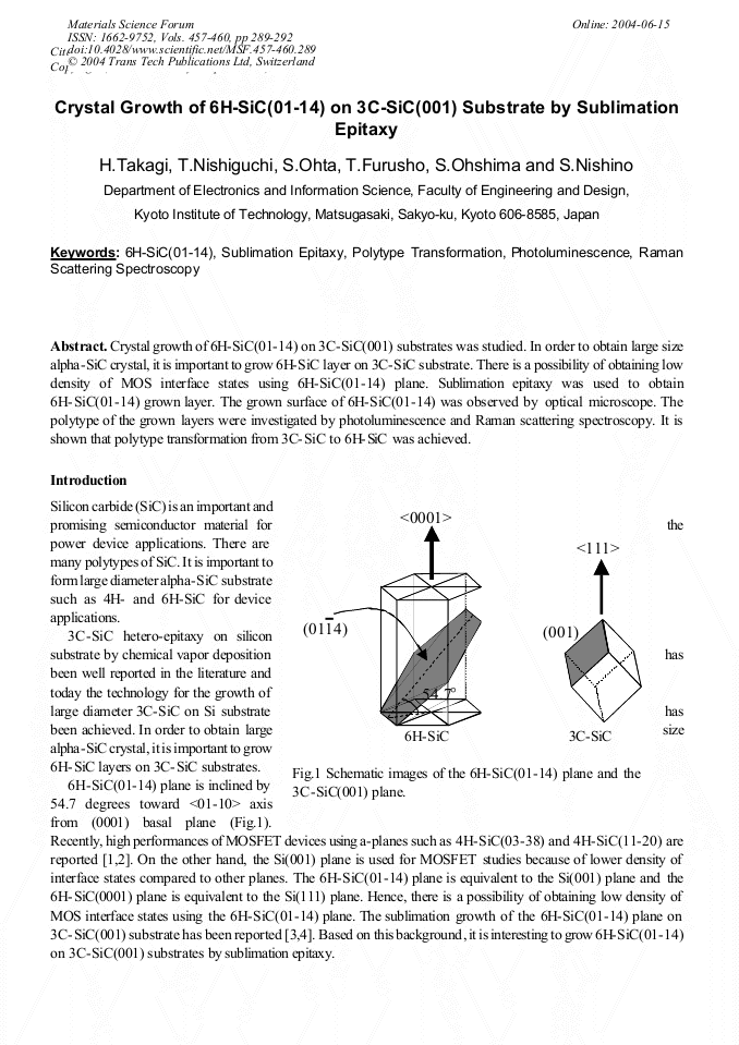 Crystal Growth of 6H-SiC(01-14) on 3C-SiC(001) Substrate by Sublimation Epitaxy | Scientific.Net