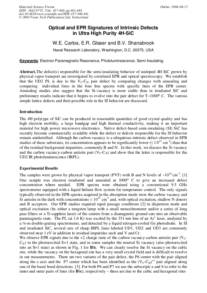 Optical and EPR Signatures of Intrinsic Defects in Ultra High Purity 4H ...