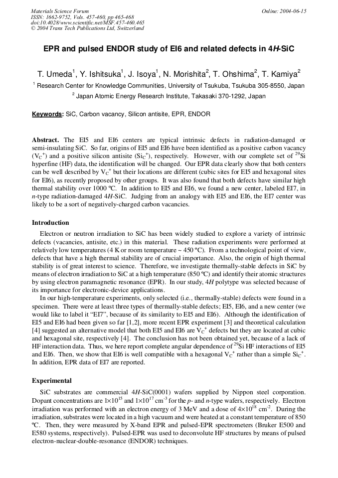 EPR and Pulsed ENDOR Study of El6 and Related Defects in 4H-SiC ...