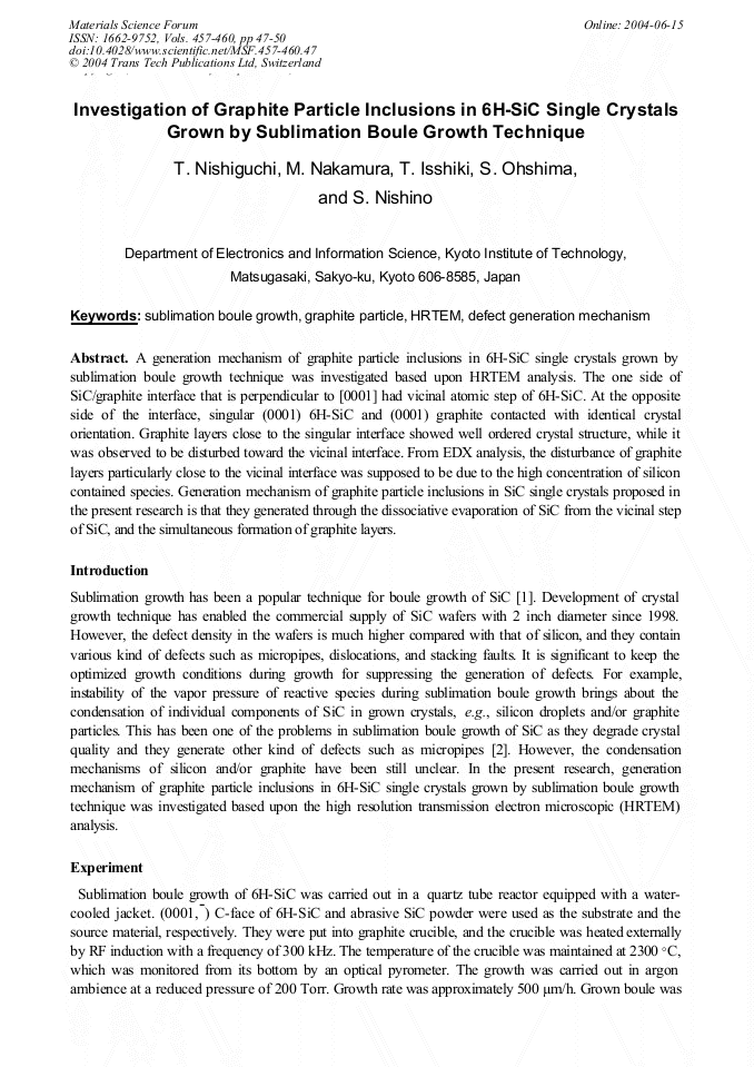 Investigation of Graphite Particle Inclusions in 6H-SiC Single Crystals ...