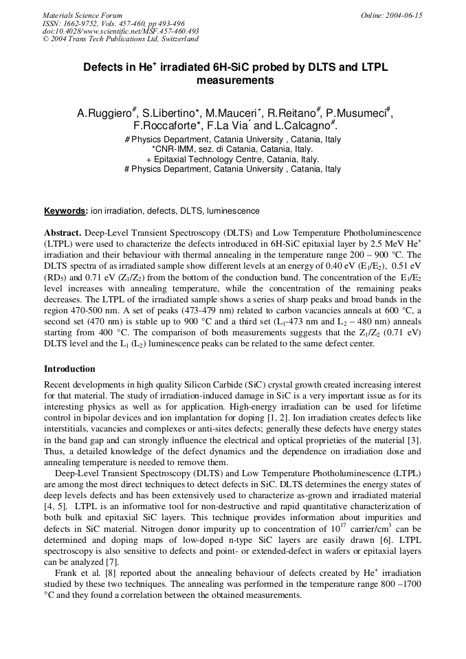Defects in He+ Irradiated 6H-SiC Probed by DLTS and LTPL Measurements ...
