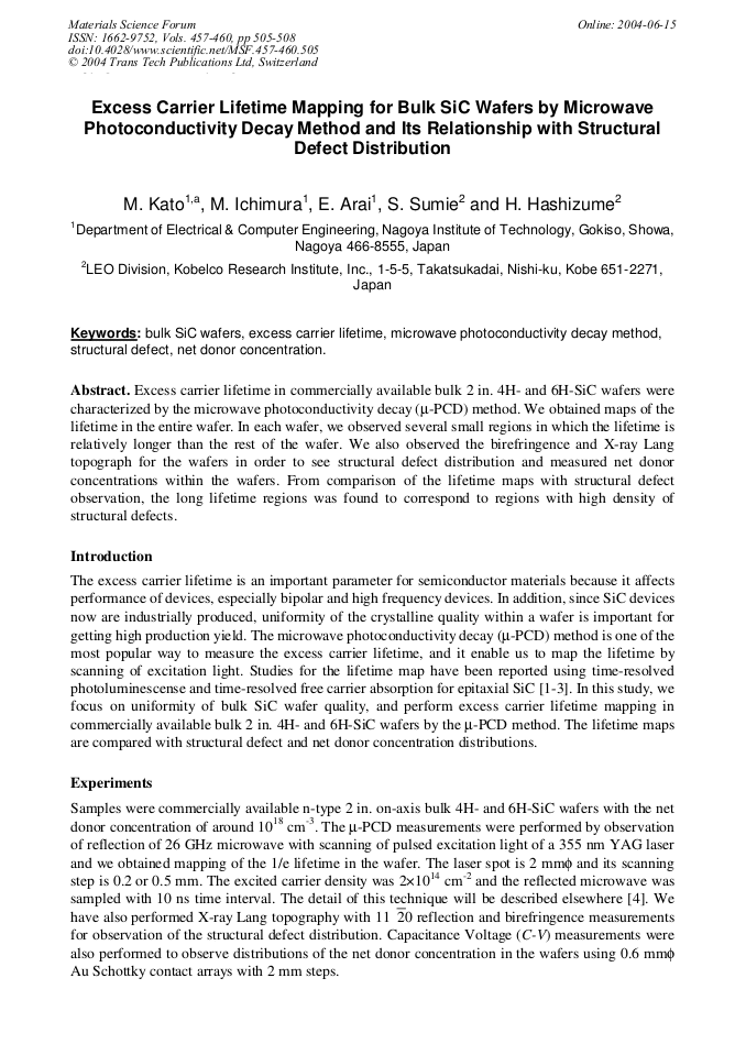 Excess Carrier Lifetime Mapping for Bulk SiC Wafers by Microwave ...
