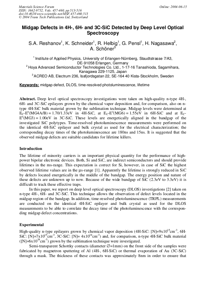 Midgap Defects in 4H-, 6H- and 3C-SiC Detected by Deep Level Optical ...
